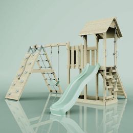 ReboOutdoor Spielturm mit Wellenrutsche Klettergerüst mit Kletterturm, Kletterwand und Klettwernetz, Ausführung: Kinderschaukel, Farbe: Mintgrün