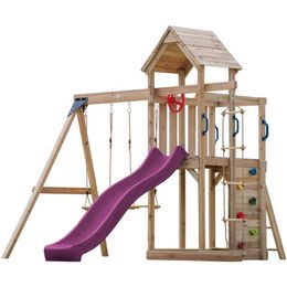 AXI Moos Spielturm aus Holz mit 2 Schaukeln & Strickleiter xxl Spielhaus / Spielplatz für Kinder mit Kletterwand, Sandkasten & Rutsche in Lila