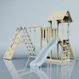 ReboOutdoor Spielturm mit Wellenrutsche Klettergerüst mit Kletterturm, Kletterwand und Klettwernetz, Ausführung: Kinderschaukel, Farbe: Eisblau - Blau