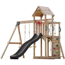 AXI Moos Spielturm aus Holz mit 2 Schaukeln & Strickleiter xxl Spielhaus / Spielplatz für Kinder mit Kletterwand, Sandkasten & Rutsche in Grau