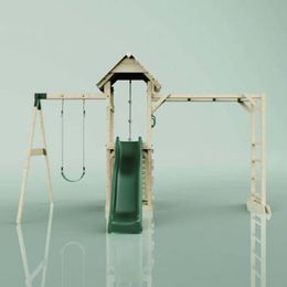 Rebo Klettergerüst aus Holz mit Wellenrutsche Outdoor Spielturm mit Kinderschaukel, Hangelstangen, Plattform und Kletterseil- Altrosa - Rosa