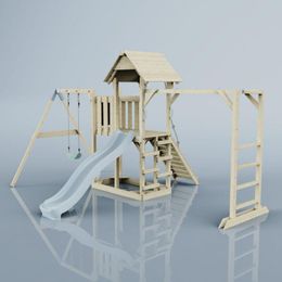 Rebo Klettergerüst aus Holz mit Wellenrutsche Outdoor Spielturm mit Kinderschaukel, Hangelstangen, Plattform und Kletterseil- Eisblau - Blau