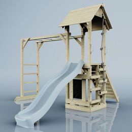 Rebo Klettergerüst aus Holz mit Wellenrutsche Outdoor Spielturm mit Hangelstangen, Plattform und Kletterseil- Eisblau - Blau