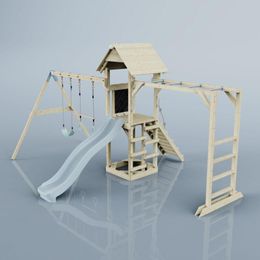 Rebo Klettergerüst aus Holz mit Wellenrutsche Outdoor Spielturm mit Kinderschaukel, Trapezstange, Hangelstangen, Plattform und Kletterseil