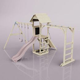 Rebo Klettergerüst aus Holz mit Wellenrutsche Outdoor Spielturm mit Doppel-Kinderschaukel, Hangelstangen, Plattform und Kletterseil - Kinderschaukel,