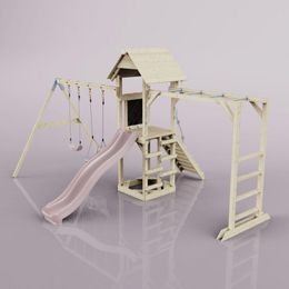 Rebo Klettergerüst aus Holz mit Wellenrutsche Outdoor Spielturm mit Kinderschaukel, Babyschaukel, Hangelstangen, Plattform und Kletterseil