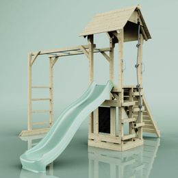 Rebo Klettergerüst aus Holz mit Wellenrutsche Outdoor Spielturm mit Hangelstangen, Plattform und Kletterseil- Mintgrün - Grün