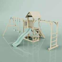 Rebo Klettergerüst aus Holz mit Wellenrutsche Outdoor Spielturm mit Doppel-Kinderschaukel, Hangelstangen, Plattform und Kletterseil - Kinderschaukel,