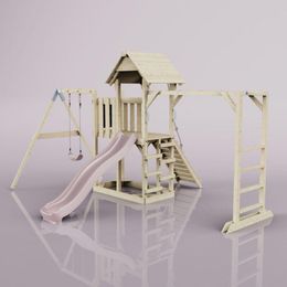 Rebo Spielturm mit Wellenrutsche aus Holz Outdoor Klettergerüst mit Kinderschaukel, Hangelstangen, Plattform und Kletterseil- Altrosa - Rosa