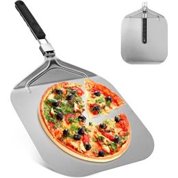 Gelochte Pizzaschaufel, Pizzaschaufel aus Edelstahl, 32x32cm, mit klappbarem Griff, Gesamtlänge 63,2 cm