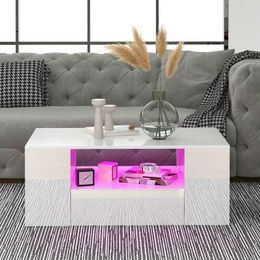 Moderner Hochglanz Couchtisch weiß mit verstellbarem LED-Licht 2 Schubladen und 2 Ablagen Sofa Couchtisch Beistelltisch (95 x 53 x 37 cm)