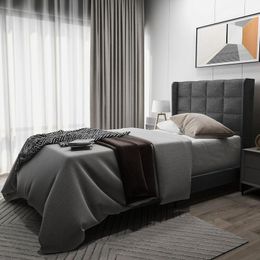 Modernes Design Polsterbett Mit seinem gepolstertes Kopfteil Einzelbett mit Lattenrost, 90x200cm ,in Grau Leinen, mittelfest (Ohne Matratze) Okwish