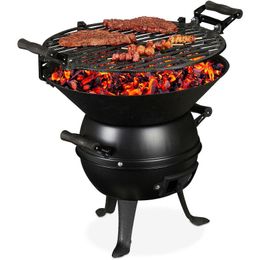 Grillfass, Gusseisen und Stahl, höhenverstellbar, tragbar, Barbecue Holzkohlegrill, Grillrost ø 35 cm, schwarz - Relaxdays