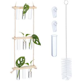 Pflanzen Vermehrungsstation, hängend, Reagenzglasvasen mit Holzregal, Hydrokultur, 3 Ebenen, natur/transparent - Relaxdays