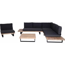 HHG - neuwertig] Garten-Garnitur mit Sessel 469, Lounge-Set Sofa, Spun Poly Akazie Holz mvg Aluminium hellbraun, Polster dunkelgrau - grey