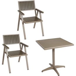 Neuwertig] 2er-Set Gartenstuhl+Gartentisch HHG 861, Stuhl Tisch, Gastro Outdoor-Beschichtung, Alu Holzoptik champagner, grau - grey