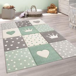 Paco Home - Kinderteppich Kinderzimmer Teppich Junge Mädchen Pastell Punkte Herzen Sterne Grün, 200 cm Rund