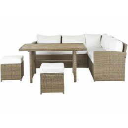 Beliani Gartenmöbel Set Polyrattan Braun Textil Weiß inkl. Auflagen 5-Sitzer Lounge Set Tisch Zwei Hocker Terrasse Outdoor Garten Modern - Weiß