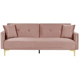 Beliani - Sofa Rosa Samtstoff 3-Sitzer Schlaffunktion Klassisch Glamour Zwei Zierkissen Wohnzimmer - Gold