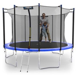 KINETIC SPORTS Trampolin Outdoor SALTO Ø 183/244/305/366/400/430/490 cm -TÜV Rheinland geprüft, Kindertrampolin Set mit Netz, Randpolster, USA Sprungtuch - Gartentrampolin, bis zu 160kg Blau-4 366 cm Ø 366 cm, Blau-4