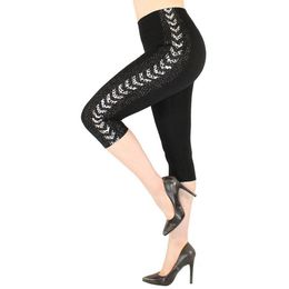 dy_mode Caprileggings Damen Capri Leggings 3/4 Sommerleggings mit Silber Glanz Muster mit elastischem Bund