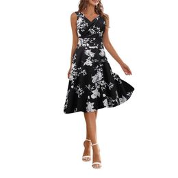 Orient Phoenix Abendkleid Damen Ärmelloses Sommerkleid Gemustertes Kleid Druckkleid PartyKleid Hohe Taille V-Ausschnitt Cocktailkleid Freizeit Rüschensaum-kleid