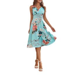 Orient Phoenix Abendkleid Damen Ärmelloses Sommerkleid Gemustertes Kleid Druckkleid PartyKleid Hohe Taille V-Ausschnitt Cocktailkleid Freizeit Rüschensaum-kleid