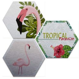 Wall-Art Mehrteilige Bilder Silbereffekt Flamingo Set, (Set, 3 St), Metallschild Collage, bunt