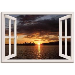 Artland Leinwandbild Sonnenuntergang am See, weißes Fenster, Seebilder (1 St), auf Keilrahmen gespannt, braun