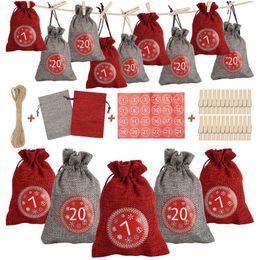 24 Adventskalender zum Befüllen, Adventskalender Stoffbeutel Säckchen mit 1-24 Sackleinen Taschen Jutesäckchen,Rot/Grau - Swanew