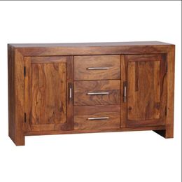 FineBuy - Sideboard Massivholz Sheesham Kommode 118 cm 3 Schubladen 2 Türen Design Highboard Landhaus-Stil braun natur