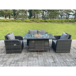 Dunkelgrau Gemischt Rattan Outdoor Gartenmöbel Gas Feuerstelle Brenner Tisch Sets Love Sofa Verstellbare Stühle 4 Sitzer - Fimous