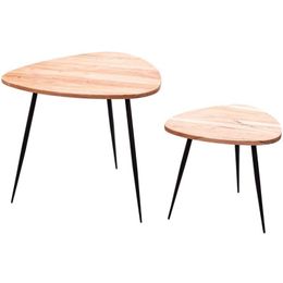 FineBuy 2er Set Satztisch Akazie Massivholz / Metall Couchtisch Klein, Design Beistelltisch Set Zwei Holz-Tische, Wohnzimmertisch Tisch Metallgestell