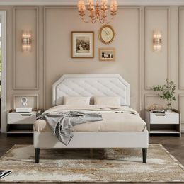 Gepolstertes Doppelbett mit Kopfteil, Holzlattenrost und Mittelbein, PU, ​​weiß (140x200cm)