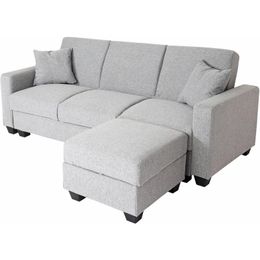 Sofa HHG-539 mit Ottomane, Couch Sofa Gästebett, Schlaffunktion Stauraum 217x145cm Stoff/Textil hellgrau - grey