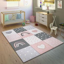 Paco Home - Kinderteppich Kinderzimmer Teppich Kurzflor Regenbogen Herz Punkte Rosa Weiß 133 cm Quadrat