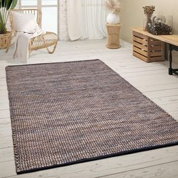 Paco Home - Teppich Wohnzimmer Kurzflor Jute Handgewebt Meliertes Ethno Muster Naturfaser 80x250 cm, Blau