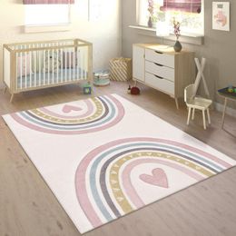 Teppich Kinderzimmer Kinderteppich Spielteppich Pastell 3D Regenbogen Herz Punkte 200x290 cm, Pink - Paco Home