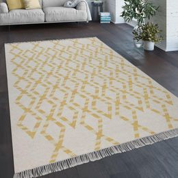 Paco Home Teppich Wohnzimmer Boho Stil Fransen Handgewebt Woll-Baumwoll Gemisch Gelb Creme 120x170 cm
