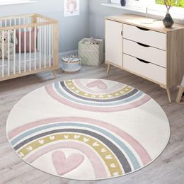 Teppich Kinderzimmer Kinderteppich Spielteppich Pastell 3D Regenbogen Herz Punkte Pink, 160 cm Rund - Paco Home