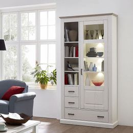 Lomadox Landhaus Vitrine inkl. LED-Beleuchtung LEER-55 in Pinie weiß mit Abs. taupe Pinie hell mit taupe, , b/h/t ca. 99/204/42cm - grau