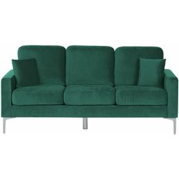 Beliani Sofa Grün Samtstoff 3-Sitzer dicke Polsterung mit 2 Dekokissen Metallfüßen freistehend für Wohnzimmer Salon Flur Diele - Silber