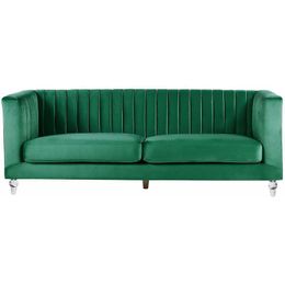 Beliani - 3-Sitzer Sofa Dunkelgrün Samtstoff mit Steppung Hohen Armlehnen Transparenen Acryl-Füßen Dicken Sitzkissen Modern Glam Wohnzimmer