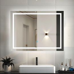 Led Spiegel Badspiegel mit Beleuchtung Badezimmerspiegel mit Beschlagfrei Kaltweiß 6000k Wandspiegel mit Touchschalter Horizontale und vertikale