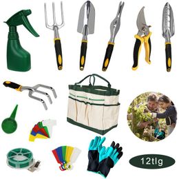 HENGDA Gartenwerkzeug Set für Gartenpflege Männer Oder Frauen 12 Teiliges Gartenset Werkzeuge Anti-Rost Gartengeräte mit Tragetasche Edelstahl Rechen &