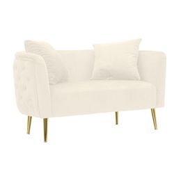 2-Sitzer-Sofa aus Playwood, bezogen mit Samt und goldenem Metall, komplett mit 2 Kissen, cremefarben, Maße 74 x 71 x 127 cm - Dmora