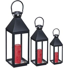 Laternen 3er Set, Dekolaternen für draußen & drinnen, 3 Größen, Metall, Glas, Windlichter für Kerzen, schwarz - Relaxdays