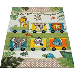 Kinderteppich Paco Home "Diamond 635" Teppiche Gr. B/L: 200 cm x 290 cm, 18 mm, 1 St., grün Kinder Kinderzimmerteppiche 3D-Design, Motiv verspielte Zootiere im Zug, Kinderzimmer