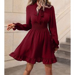 AFAZ New Trading UG Sommerkleid Einfarbiges Damen-Langarmkleid mit Schnürung Kurzes Kleid mit Polka Dot-Stickerei