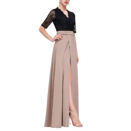 ZWY Abendkleid Damen-Patchwork-Schlitzkleid mit mittellangen Ärmeln und V-Ausschnitt Frühlings- und Sommer-Taillenkleid mit schmalem langem Rock